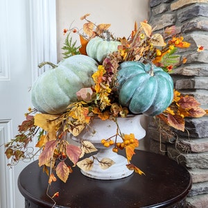Rustic Fall Centerpiece -- Sage & Green Pumpkins, Autumn Table Decor ...