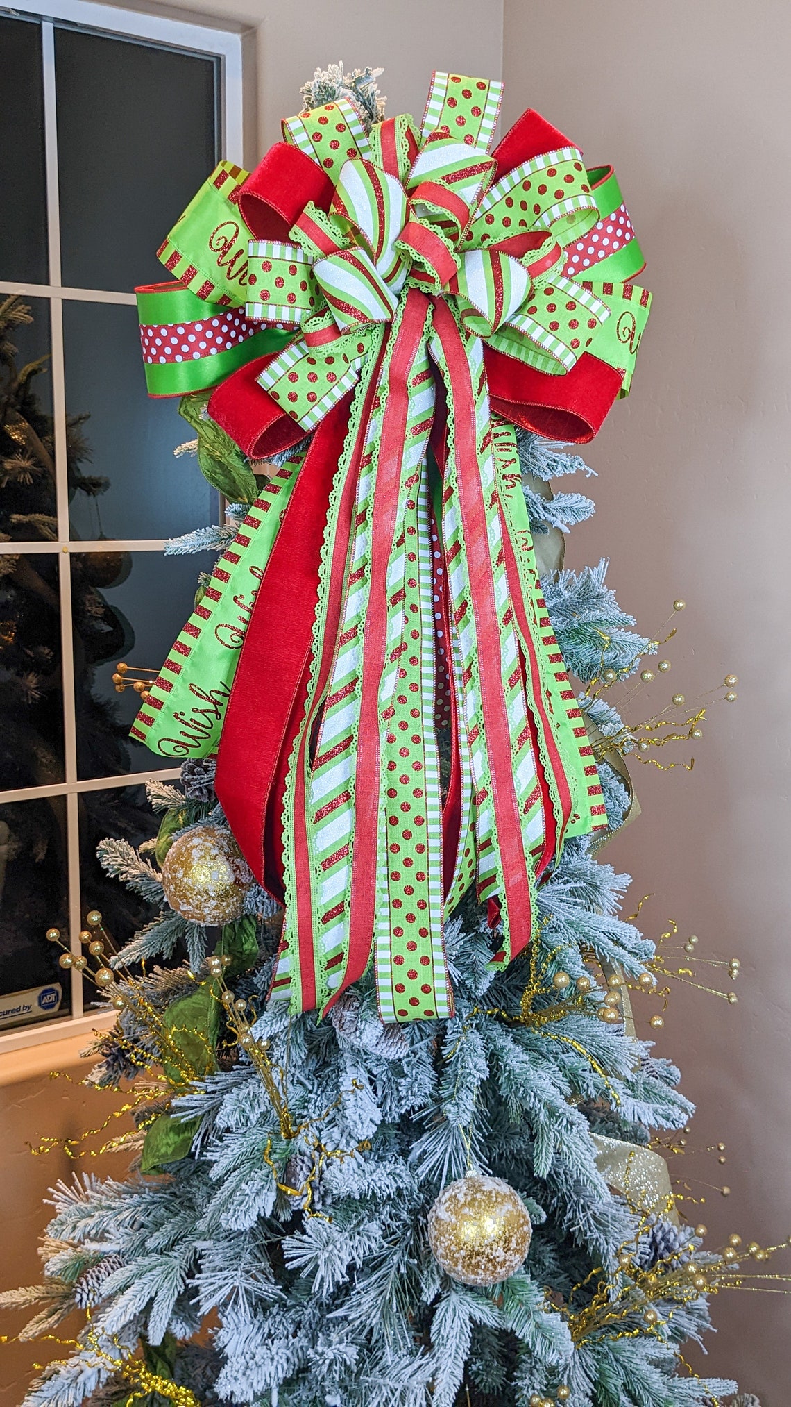 Red White & Green Tree Topper Bow, Extra Large Holiday Bow, Red White ...