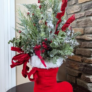Red Santa Boot Christmas Centerpiece, Handmade Frosted Greenery ...