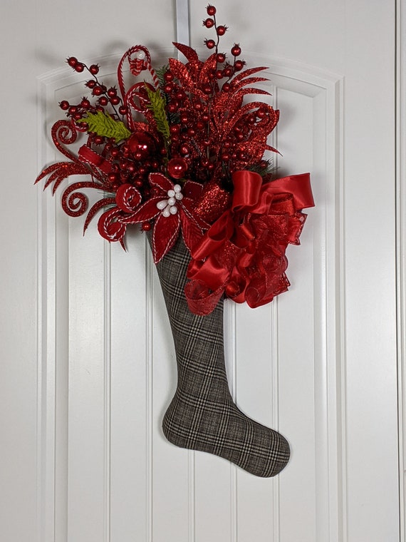 Christmas Door Hanger D Stevens Plaid Stocking Door Hanger | Etsy
