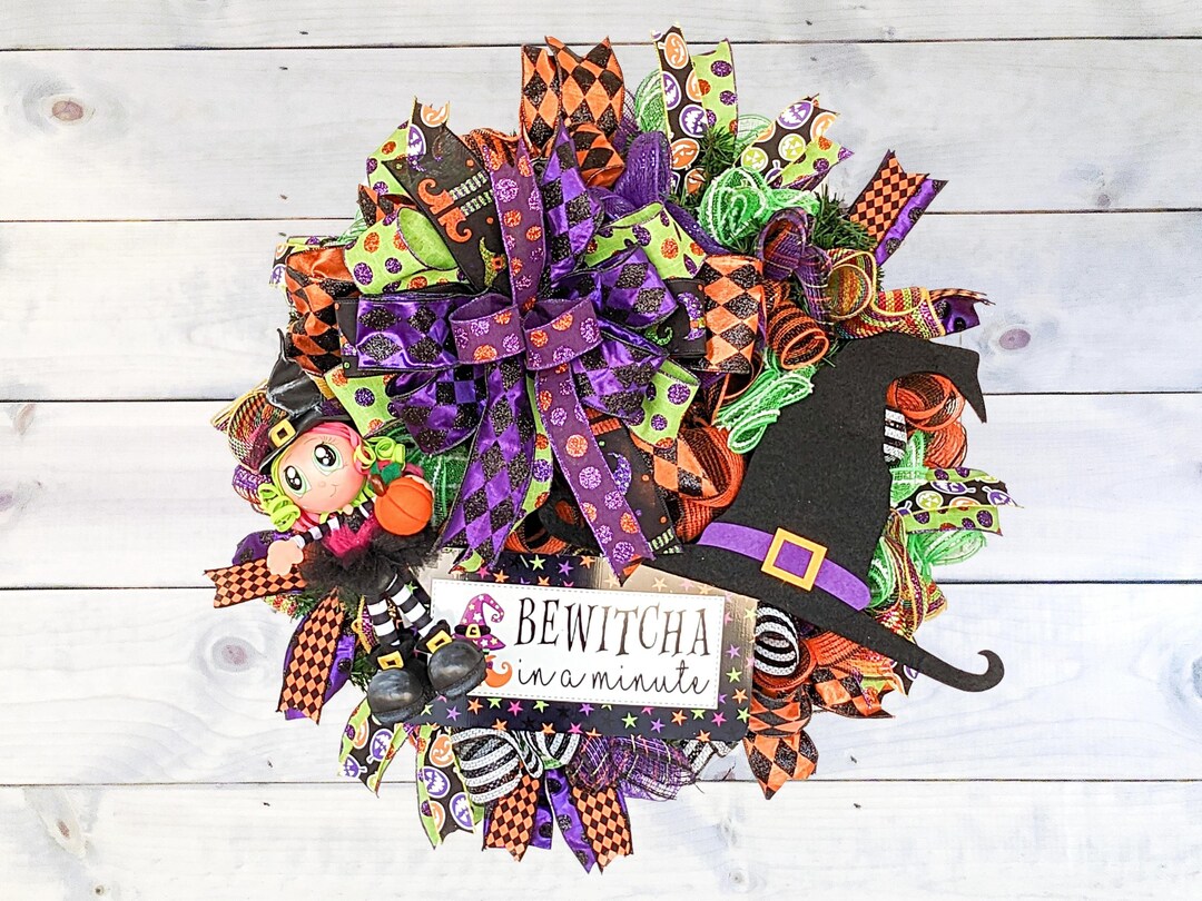 Whimsical Halloween Witch & Witch Hat Wreath for Front Door, Halloween ...
