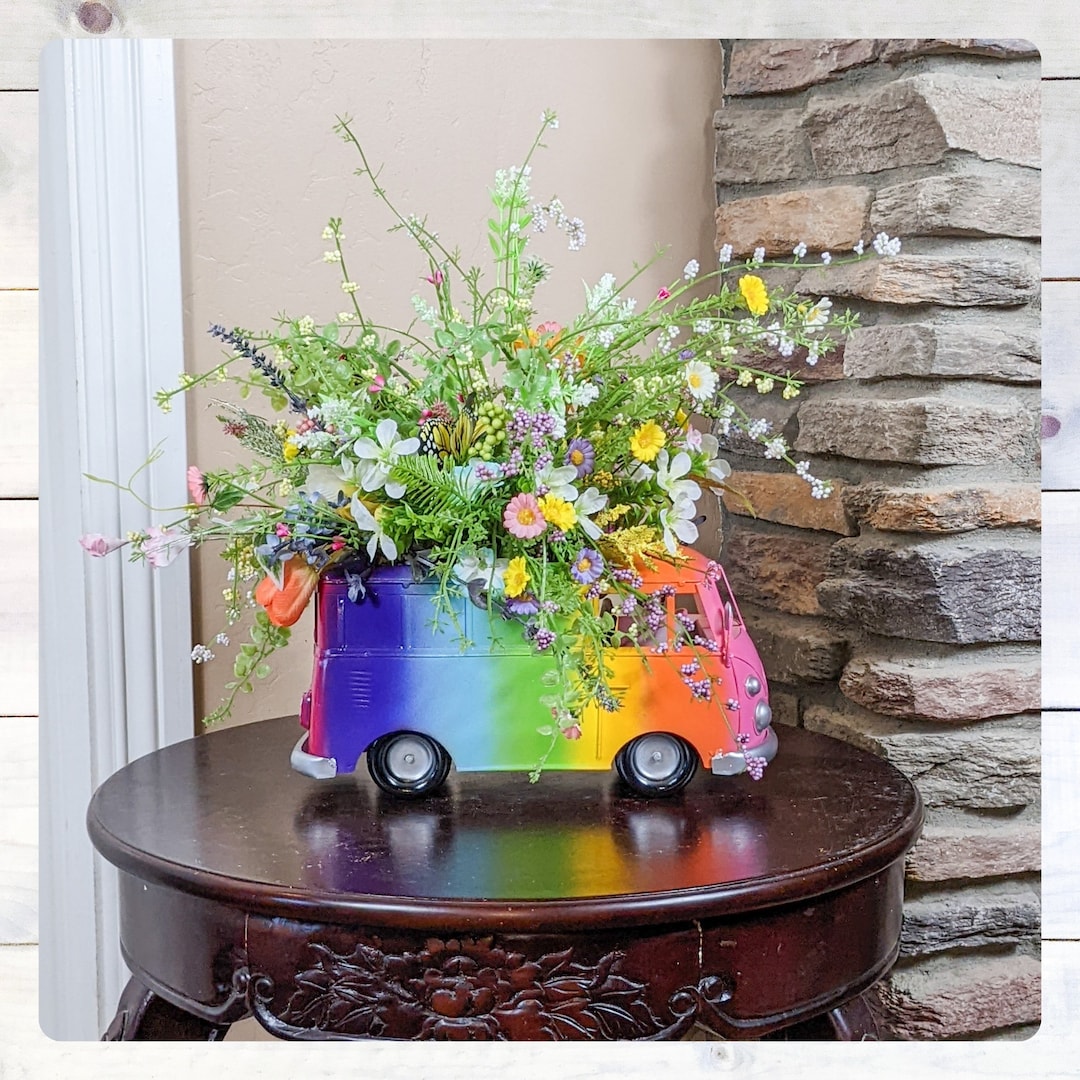 Retro 60s Hippie Van Floral Arrangement, VW Rainbow Peace Van Table ...