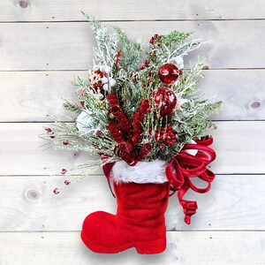 Red Santa Boot Christmas Centerpiece, Handmade Frosted Greenery ...