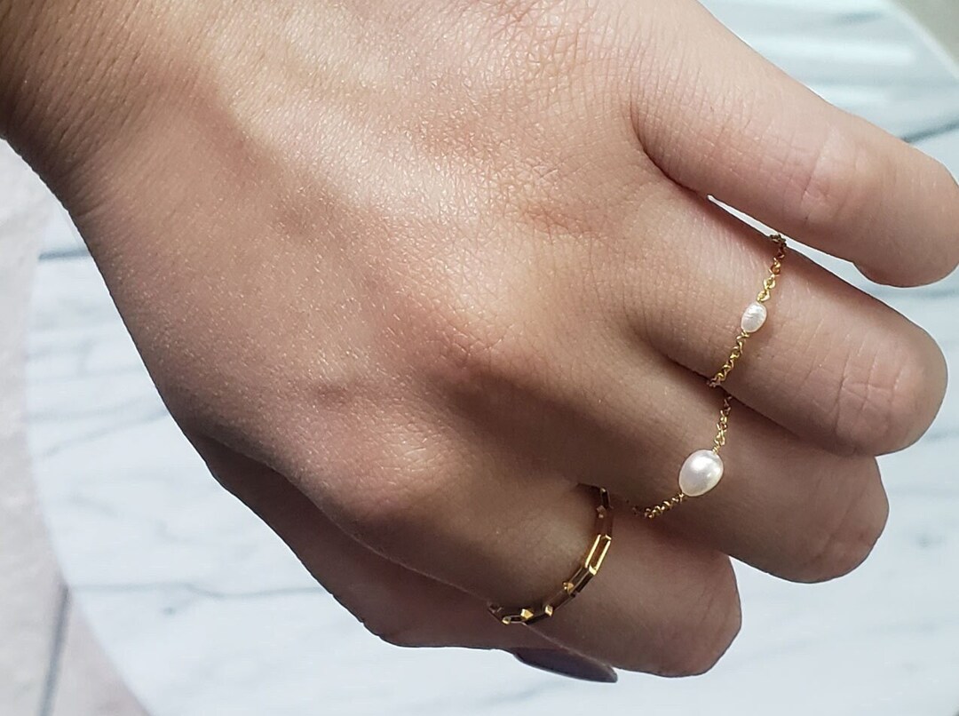 14k Gold Filled Chain Small Pearl Ring,tiny Gold Bead Mini Freshwater ...