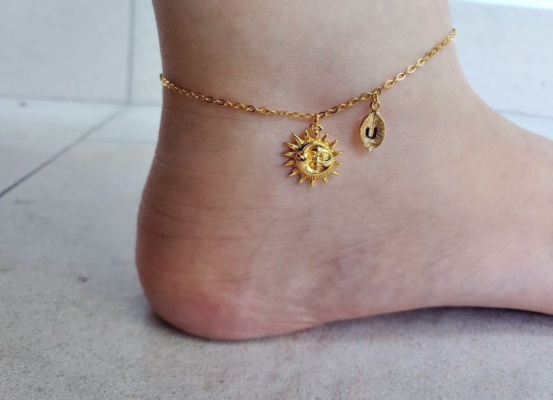 18k Gold Sun Anklet, Celestial Jewelry,sun & Moon Pendant Silver Anklet ...