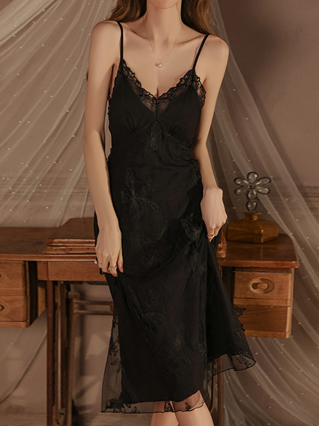 Butterfly Embroidered Midi Slip Dress Fairy Dress Bridal Lingerie ...