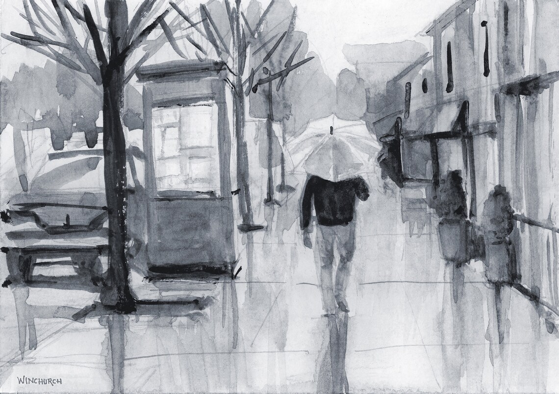 Rainy Day Watercolor Print Man Walking in Rain Painting and - Etsy