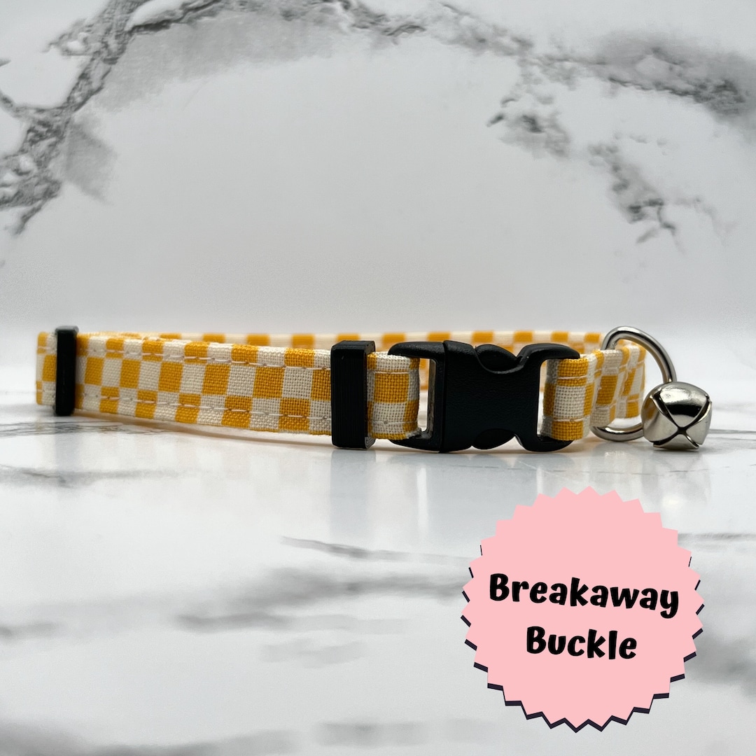 Yellow Checker Cat or Kitten Collar, BREAKAWAY, Bell, Handmade, Buckles ...