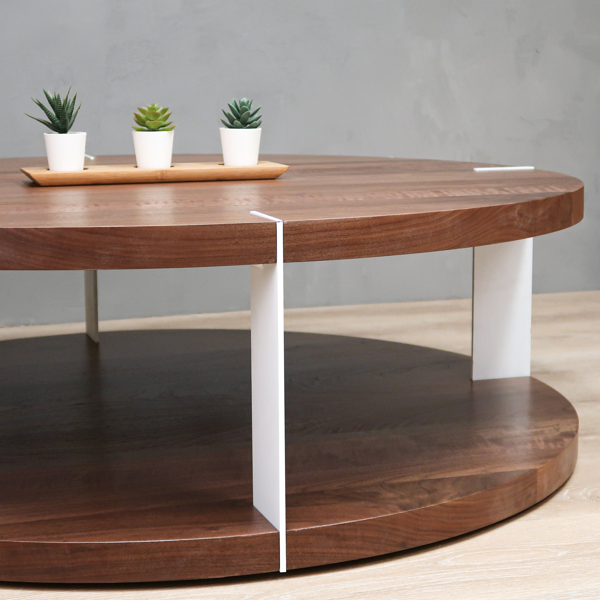 2-level Round Walnut Coffee Table With Metal Accent - Etsy