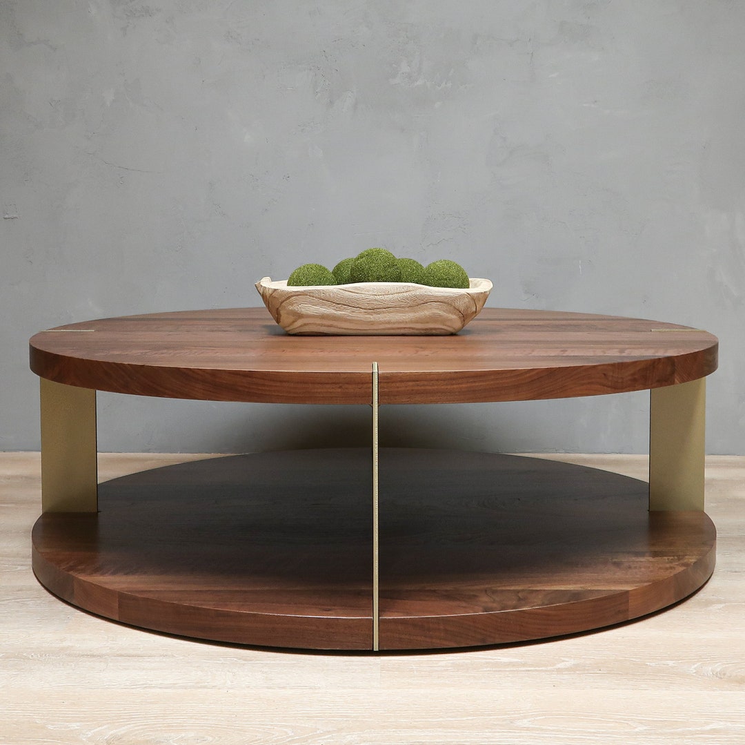 2-level Round Walnut Coffee Table With Metal Accent - Etsy