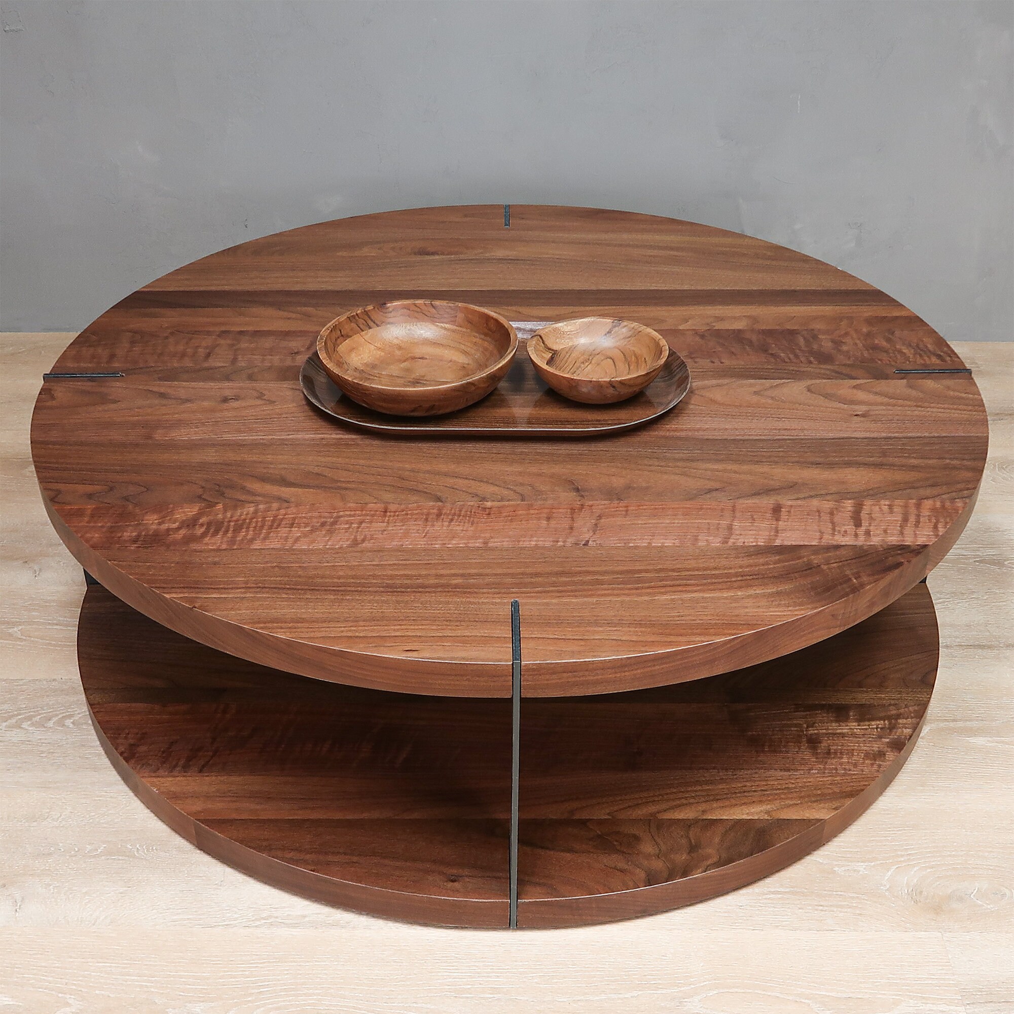 2-level Round Walnut Coffee Table With Metal Accent - Etsy