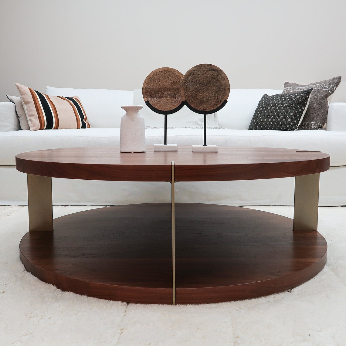2-level Round Walnut Coffee Table With Metal Accent - Etsy