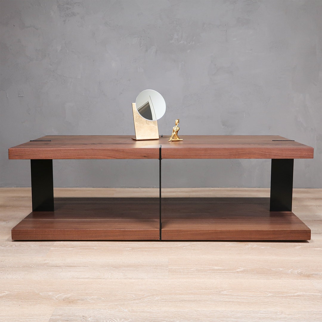 2-level Rectangular Walnut Coffee Table With Metal Legs - Etsy
