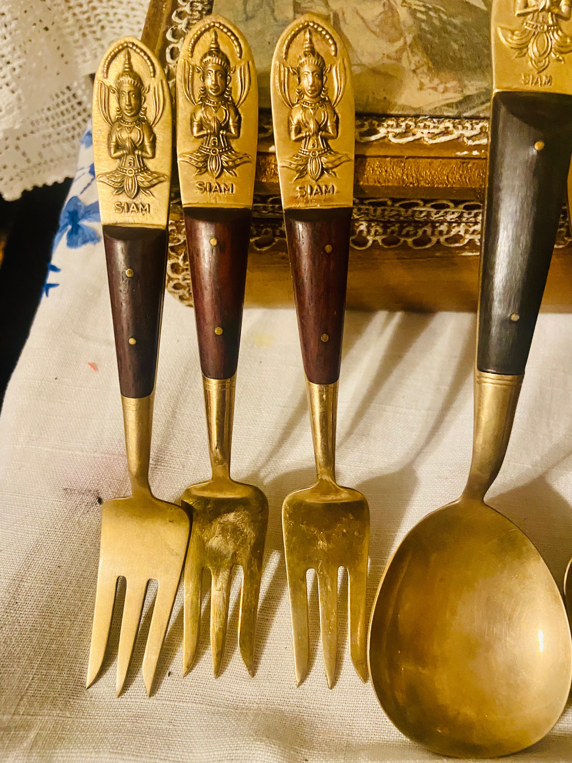 Lot of 9 Thailand Siam Brass & Wood Handled Flatware - Etsy