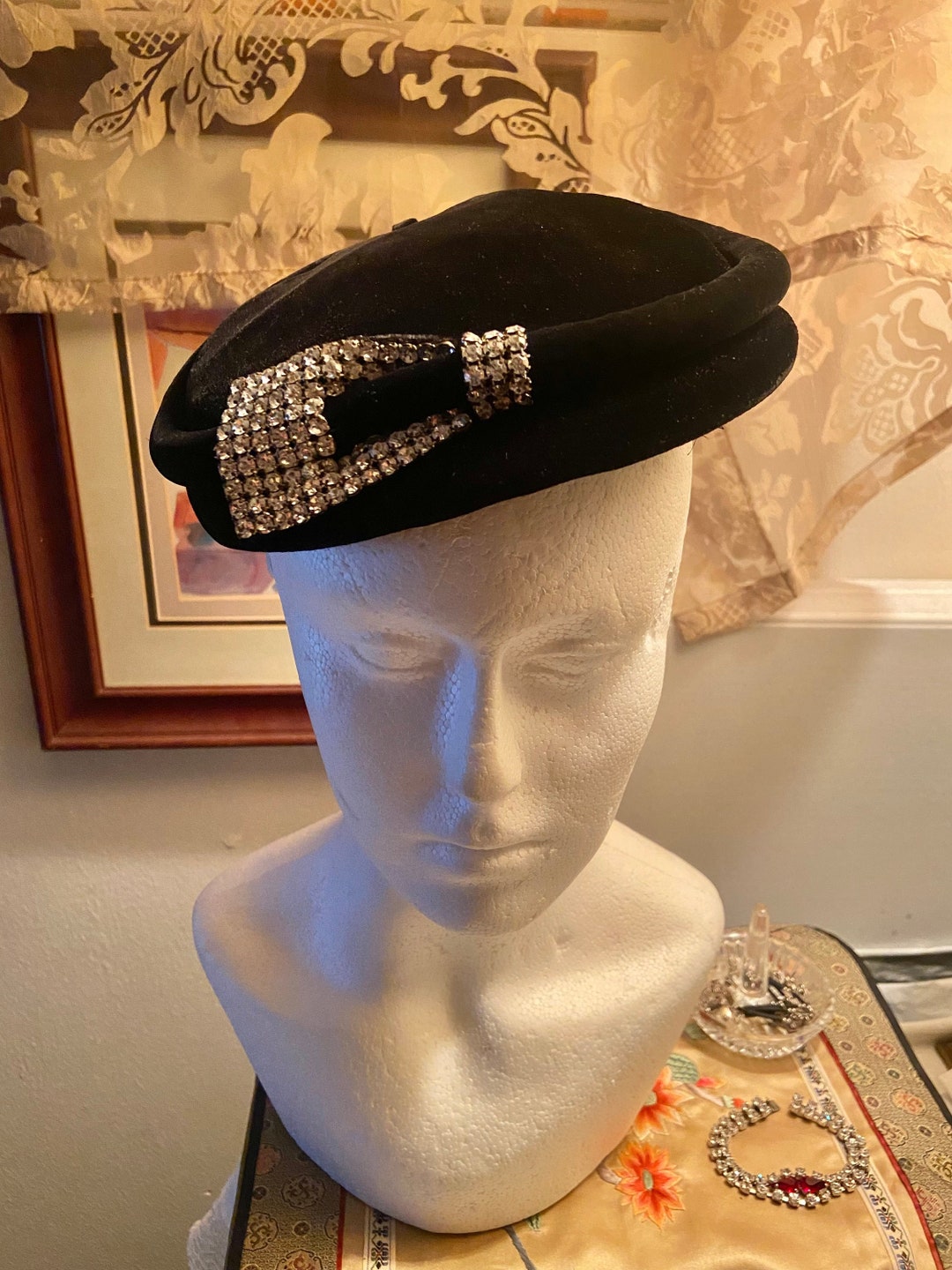 Vintage Black Velvet Rhinestone Hat by Marcelle Studio - Etsy
