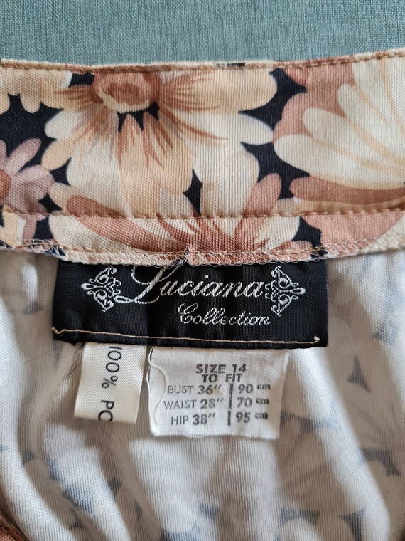 80s Floral Jersey Top: Beige & Black Print, Waist Tie… - Gem