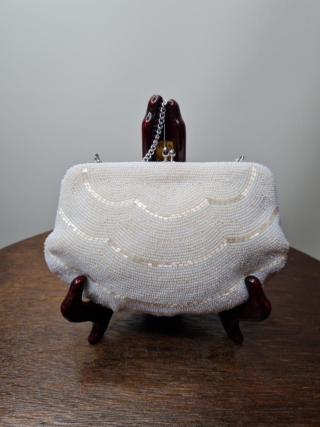 1950's White Milk Seed Bead Small Wrist Strap Evening Bag by Lightstone ...