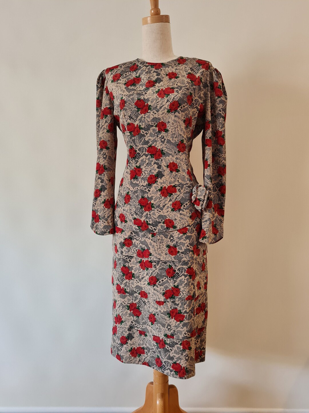 1980s Lace Print Rose Dress - Beige Black Red - Size 8-10 - Etsy