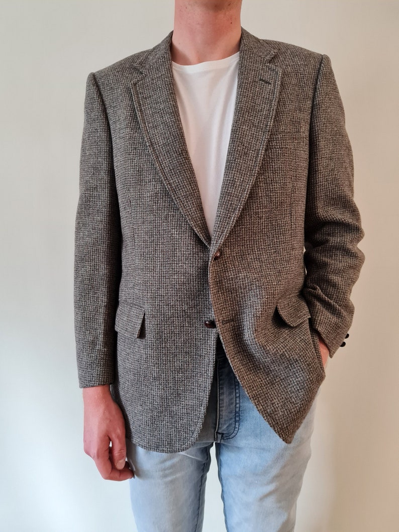 Men's 1980's Wool Sportscoat in Tonal Grey With Rust Woven Check, Half ...
