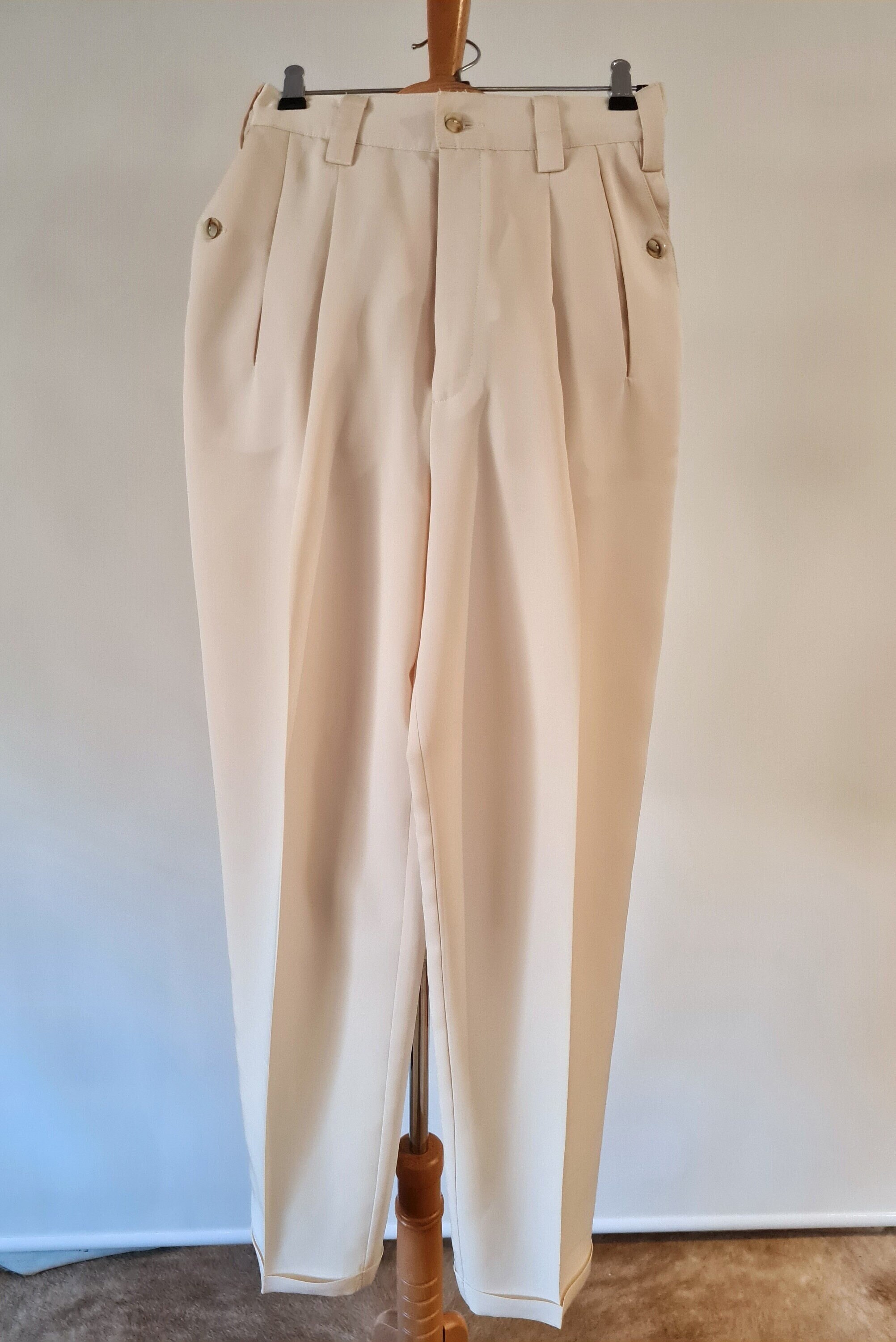 80's Cream Pleat Front Button Detailed Trousers With Turnback Cuff ...