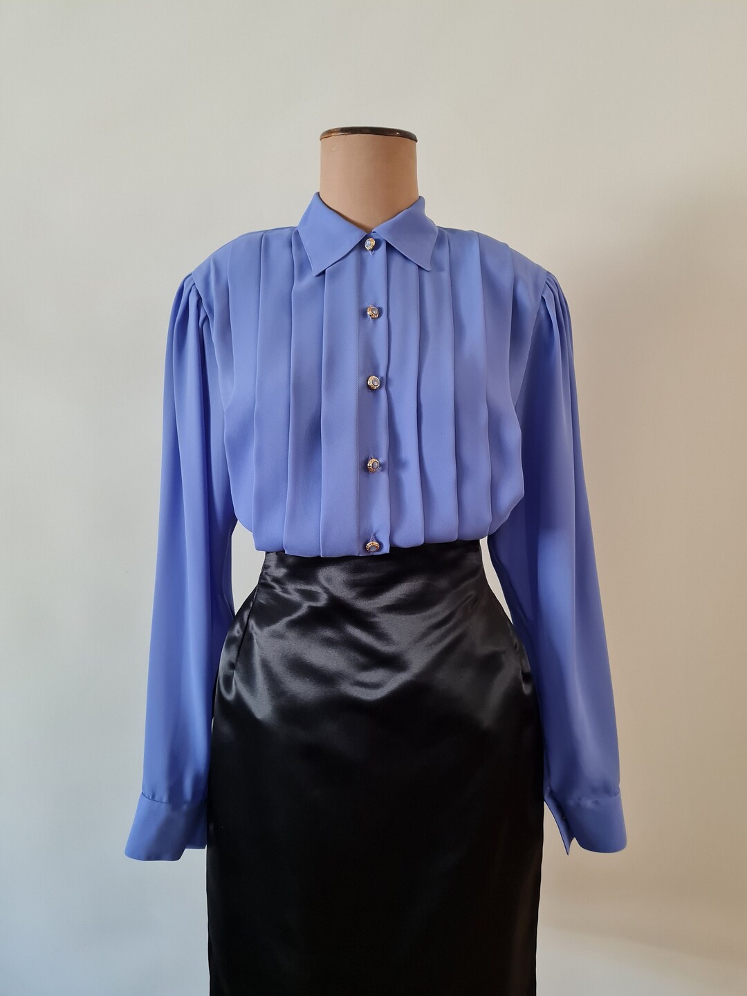 80's Periwinkle Blue Long Sleeved Poly CDC Pleated Blouse With Gold ...