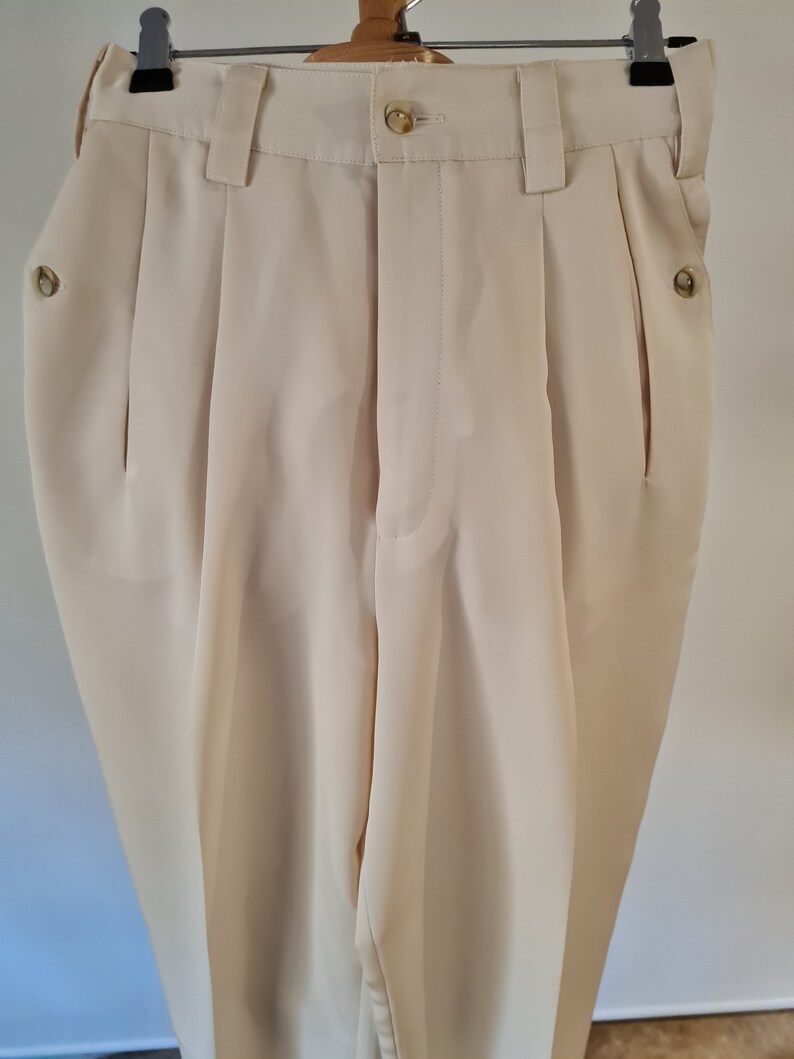 80's Cream Pleat Front Button Detailed Trousers With Turnback Cuff ...