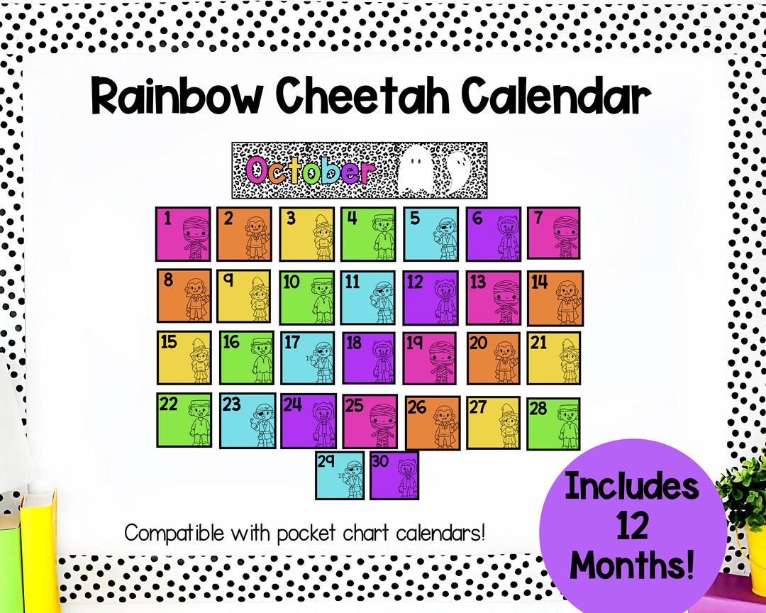 Rainbow Cheetah Classroom Calendar | Pocket Chart Calendar | Calendar ...