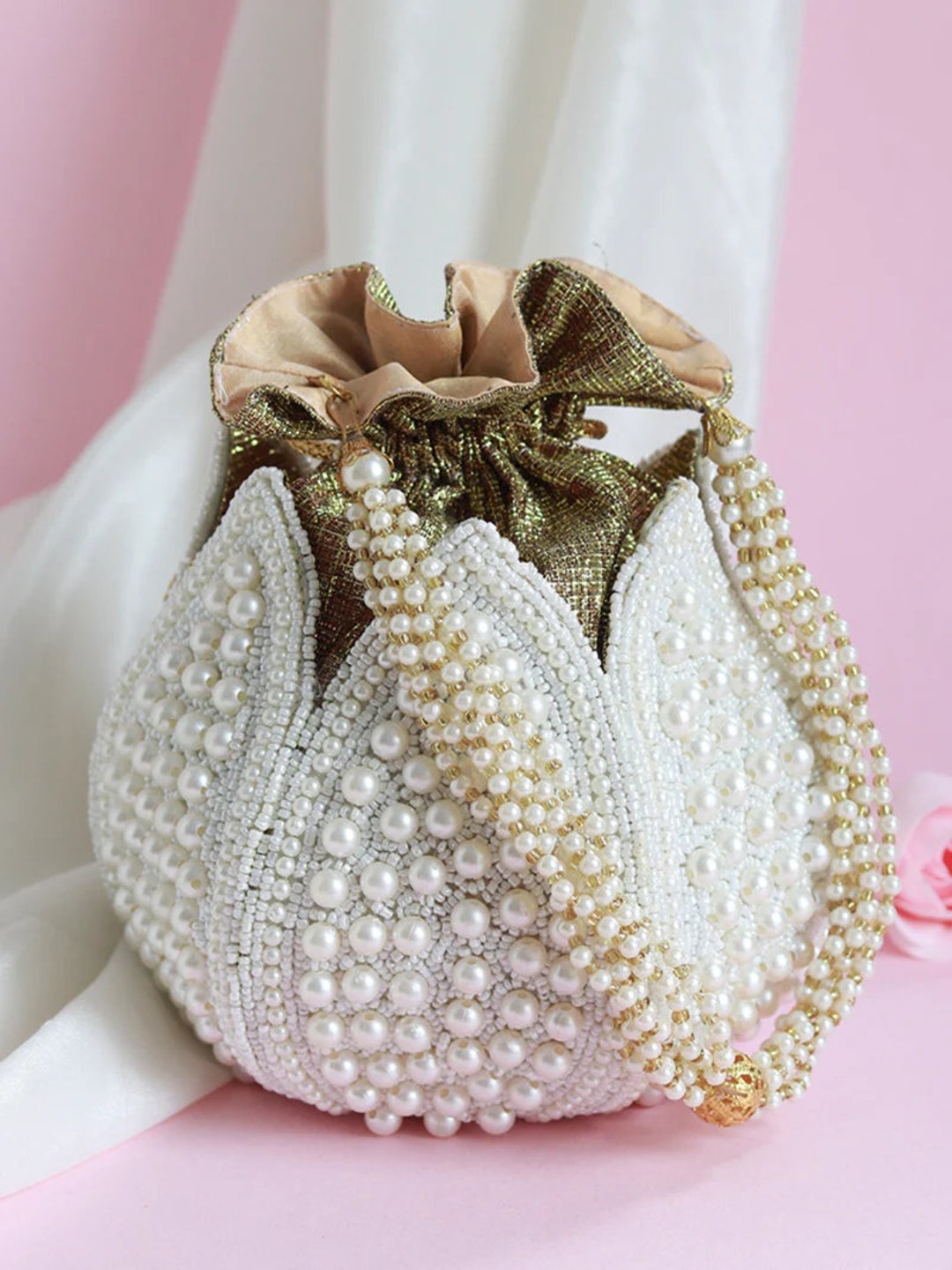 Elegant Lotus Potli Bag, Unique Pearl Embedded Indian Bridal Potli for ...