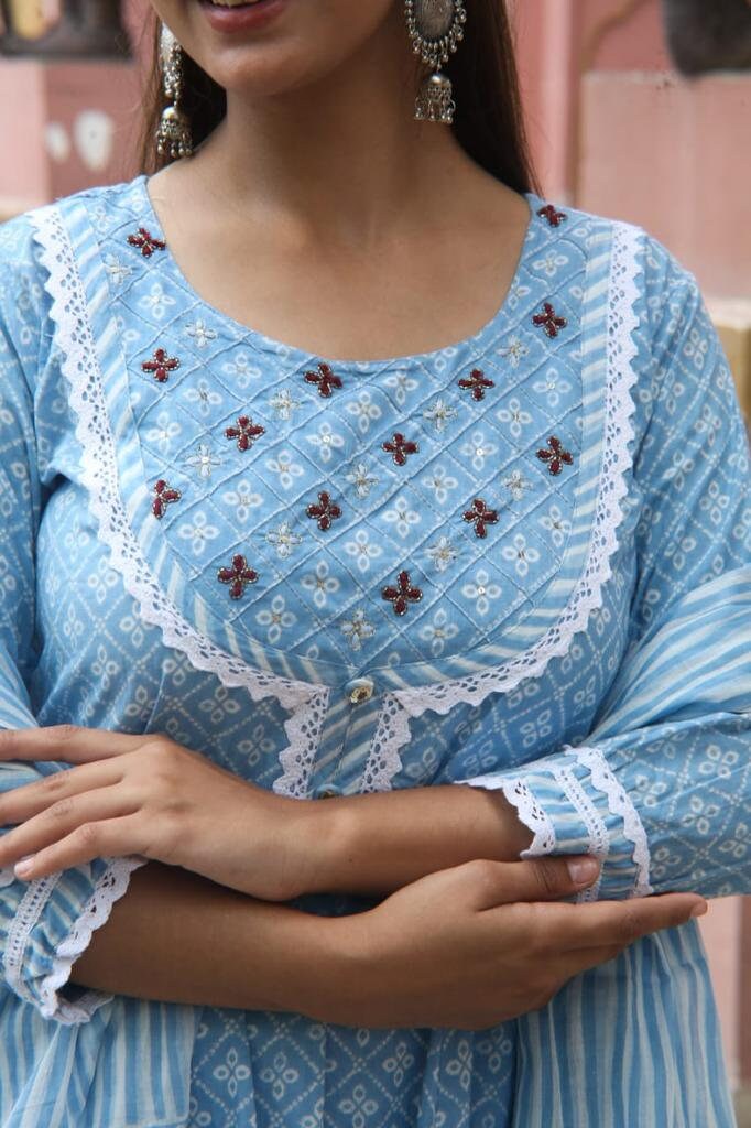 Indian Woman Blue Flared Kurta With Pant and Dupatta - Etsy