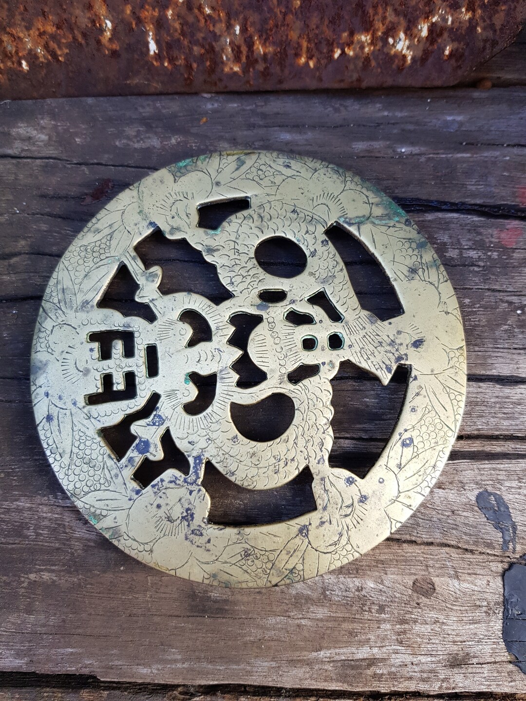 Vintage 60s Solid Brass TRIVET | Vintage Brass Trivet | CHINESE DRAGON ...
