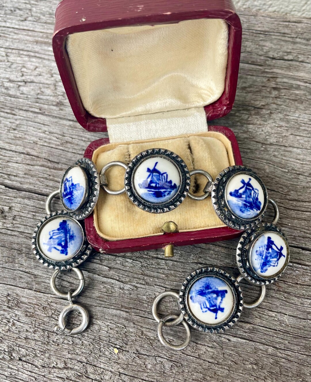 Vintage 60s 925 Silver Delft Pottery Windmill Bracelet | Blue and White ...