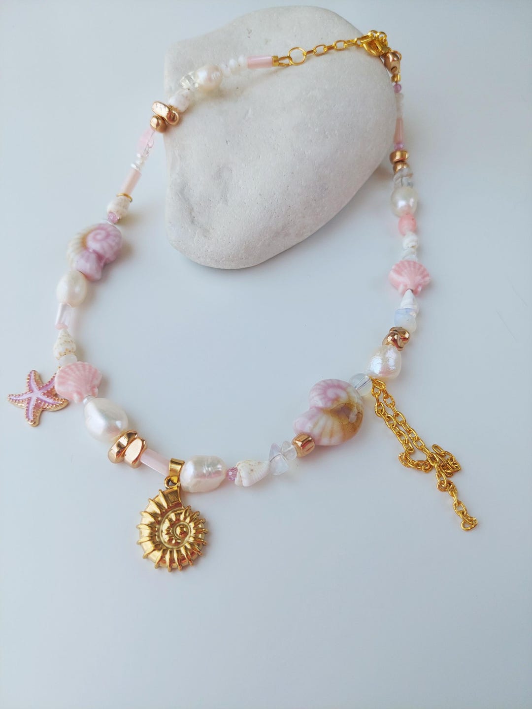 Pale Pink Shell Choker: Pearl, Crystal & Seashell Boho Necklace - Etsy
