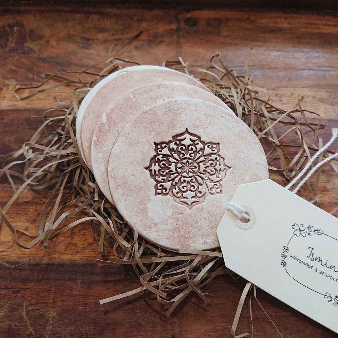 Handcrafted Set of 4 Air Dry Clay Coasters, Round Clay Coasters, Rustic ...