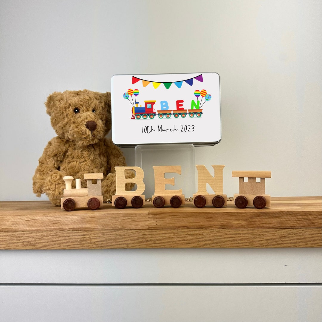Wooden Name Train, Alphabet Train, Optional Keepsake Tin, Nursery ...
