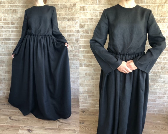 Black Linen Dress Linen Costume 100% Linen Renaissance Summer - Etsy