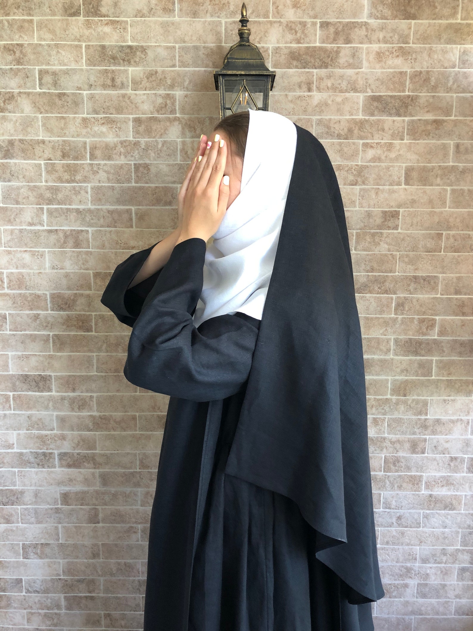 Nun Costume Linen Costume Nun Habit Veil Collar Halloween Costume Nun's ...