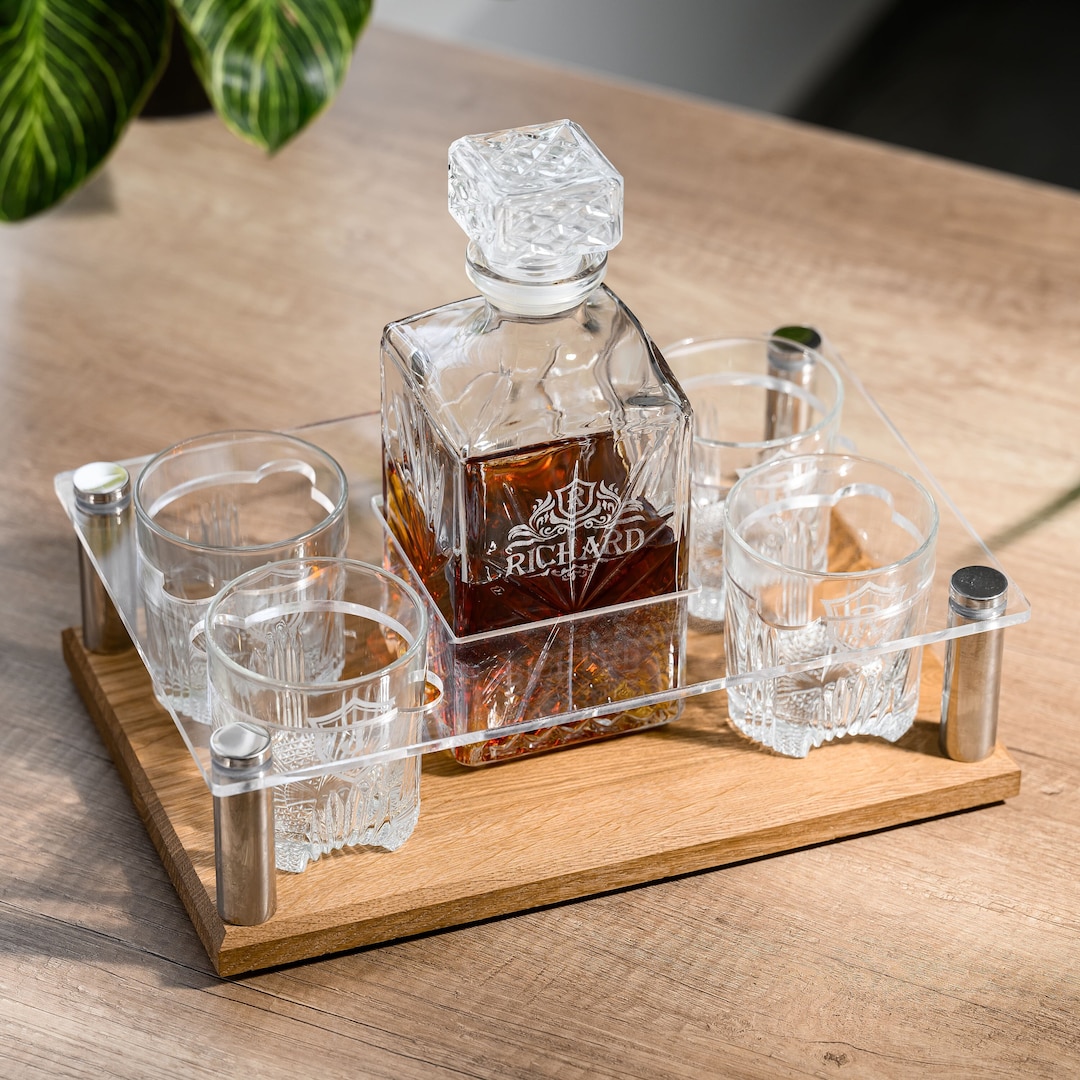 Engraved Whiskey Decanter Set: Vintage Italian Glasses & Wooden Serving ...