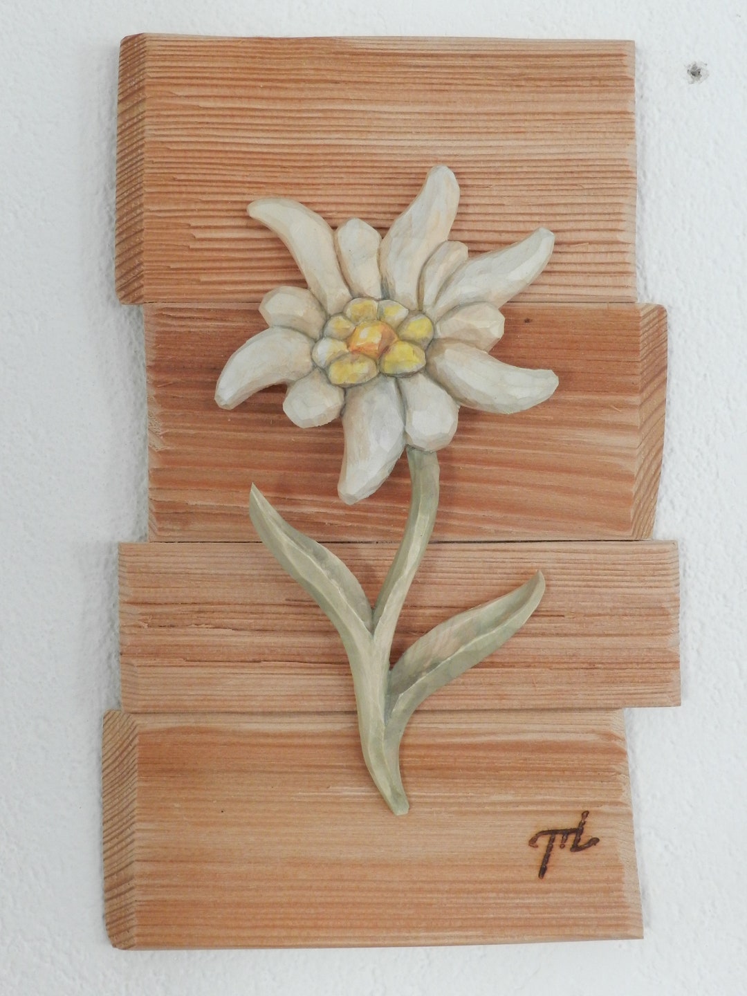 Colored Swiss Pine Wood Sculpture of an Edelweiss Applied to a Larch ...