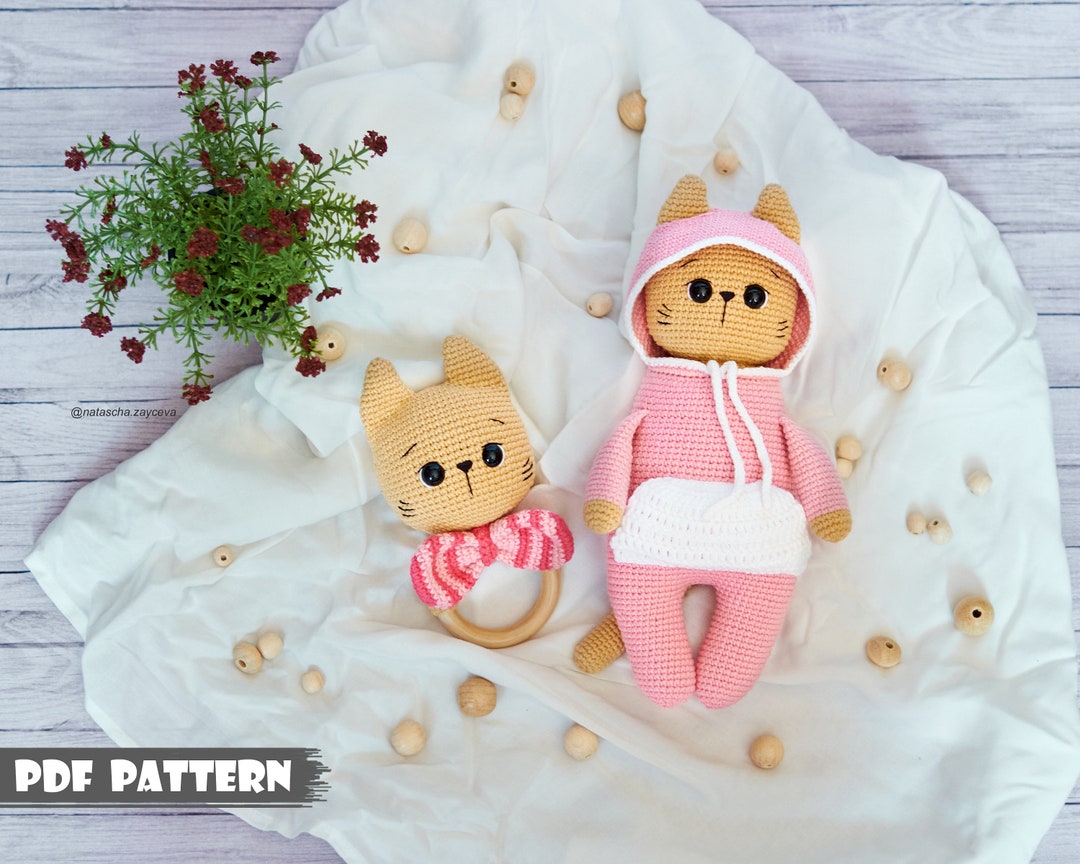 PDF Pattern Set: Crochet Cat & Rattle. Amigurumi Kitty Toy, Newborn ...