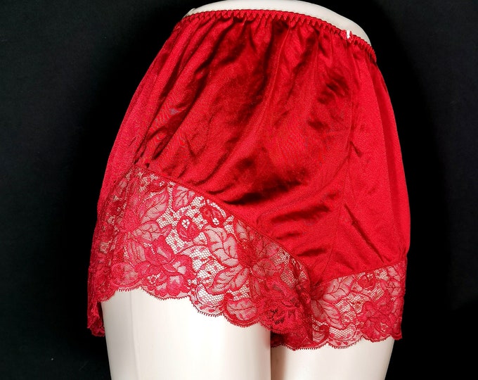 Lovely Red Vintage Nylon Granny Panties French Knickers With Wide Lace