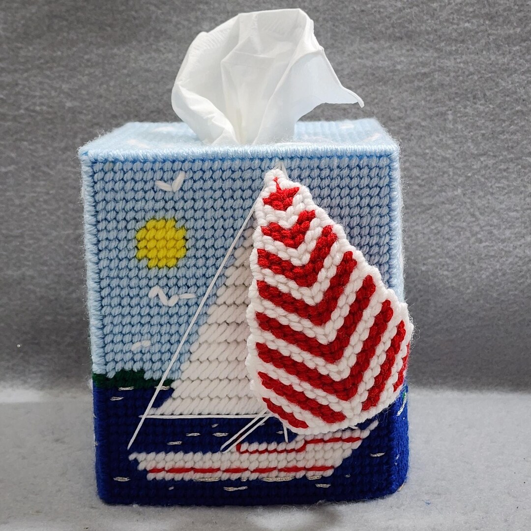 Needlepoint Plastic Canvas SAIL BOAT Tissue Box Cover Handmade Vintage ...