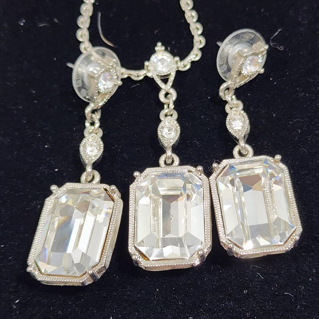 Faceted Crystal Rectangle Emerald Cut Drop Necklace Earrings Set ST ...