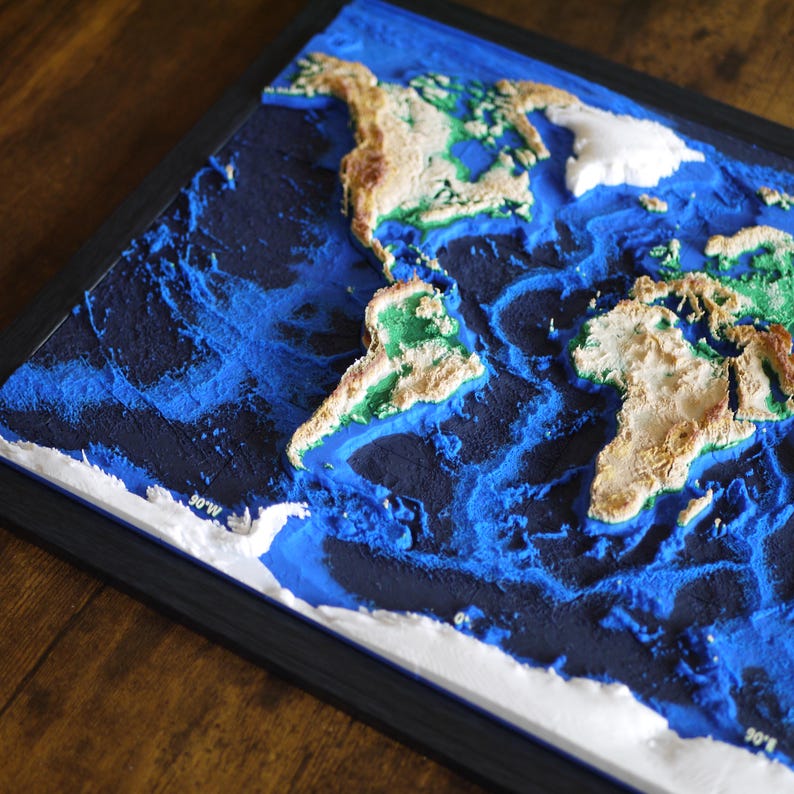 3D World Map With Antarctica – Raised Relief Topographic Earth Wall Art ...