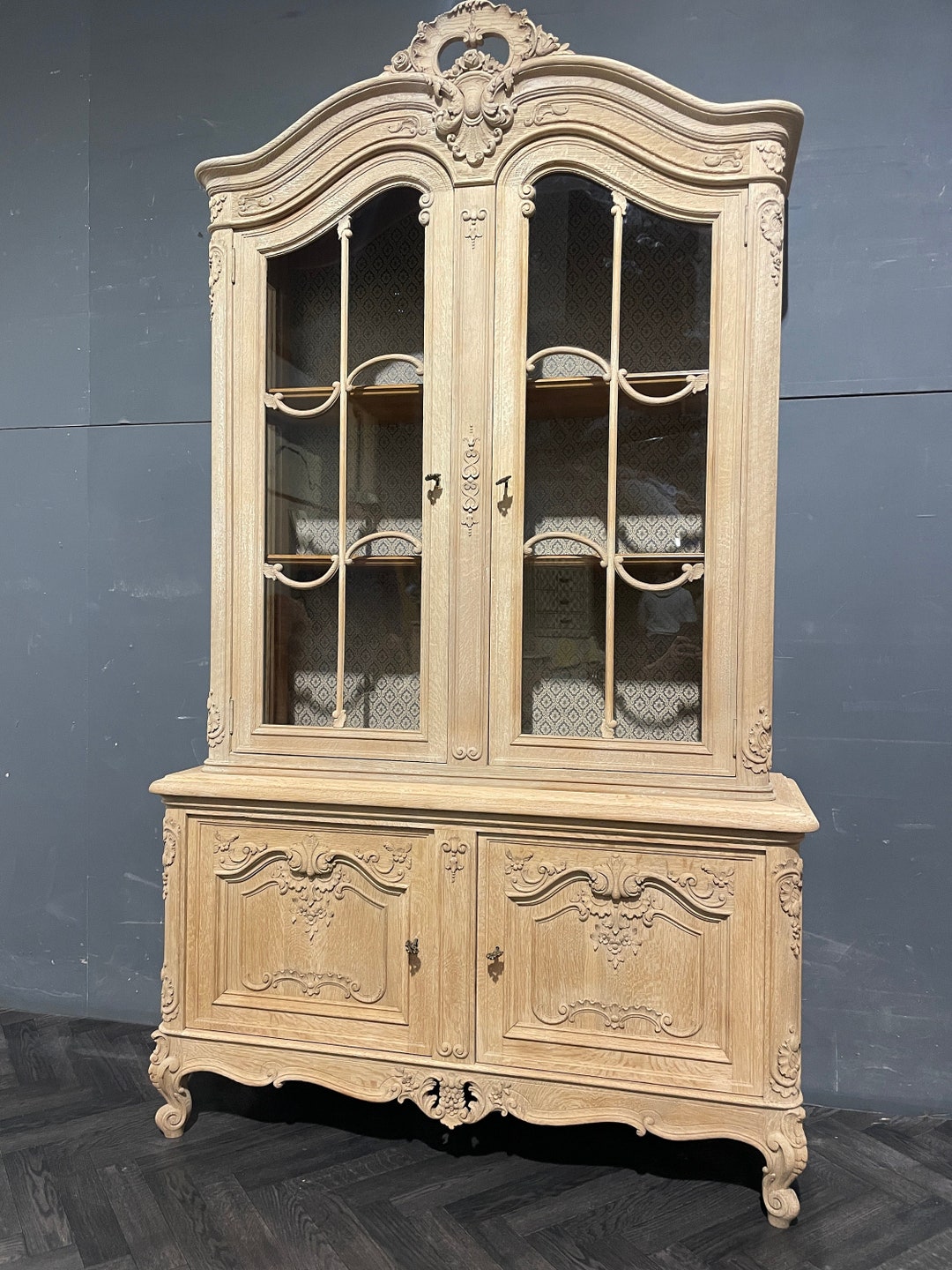 Vintage French Large Rustic Oak Ornate Vitrine Glazed Bookcase Display ...
