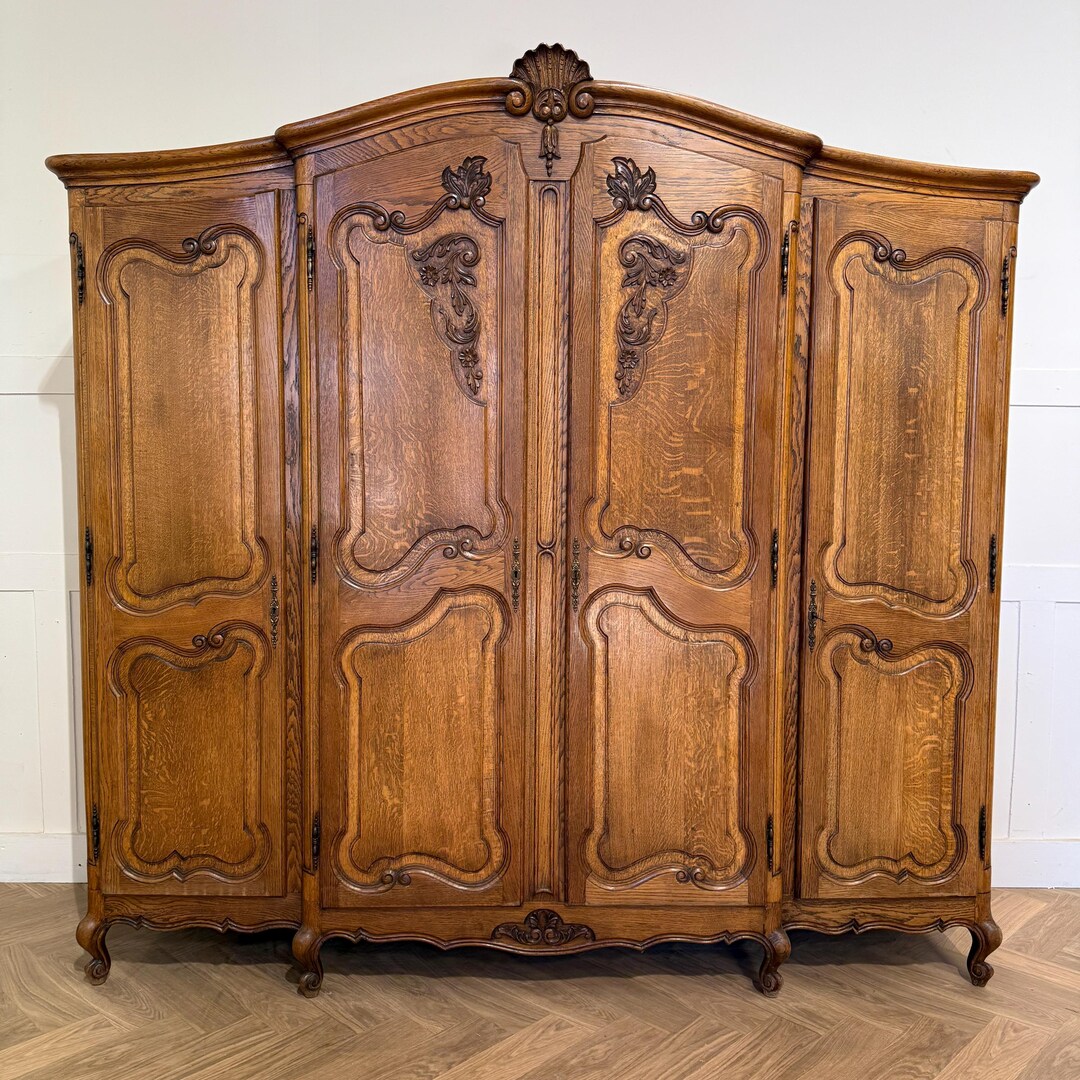 Vintage French Dark Oak 4 Door Armoire Breakdown Wardrobe for Easy ...
