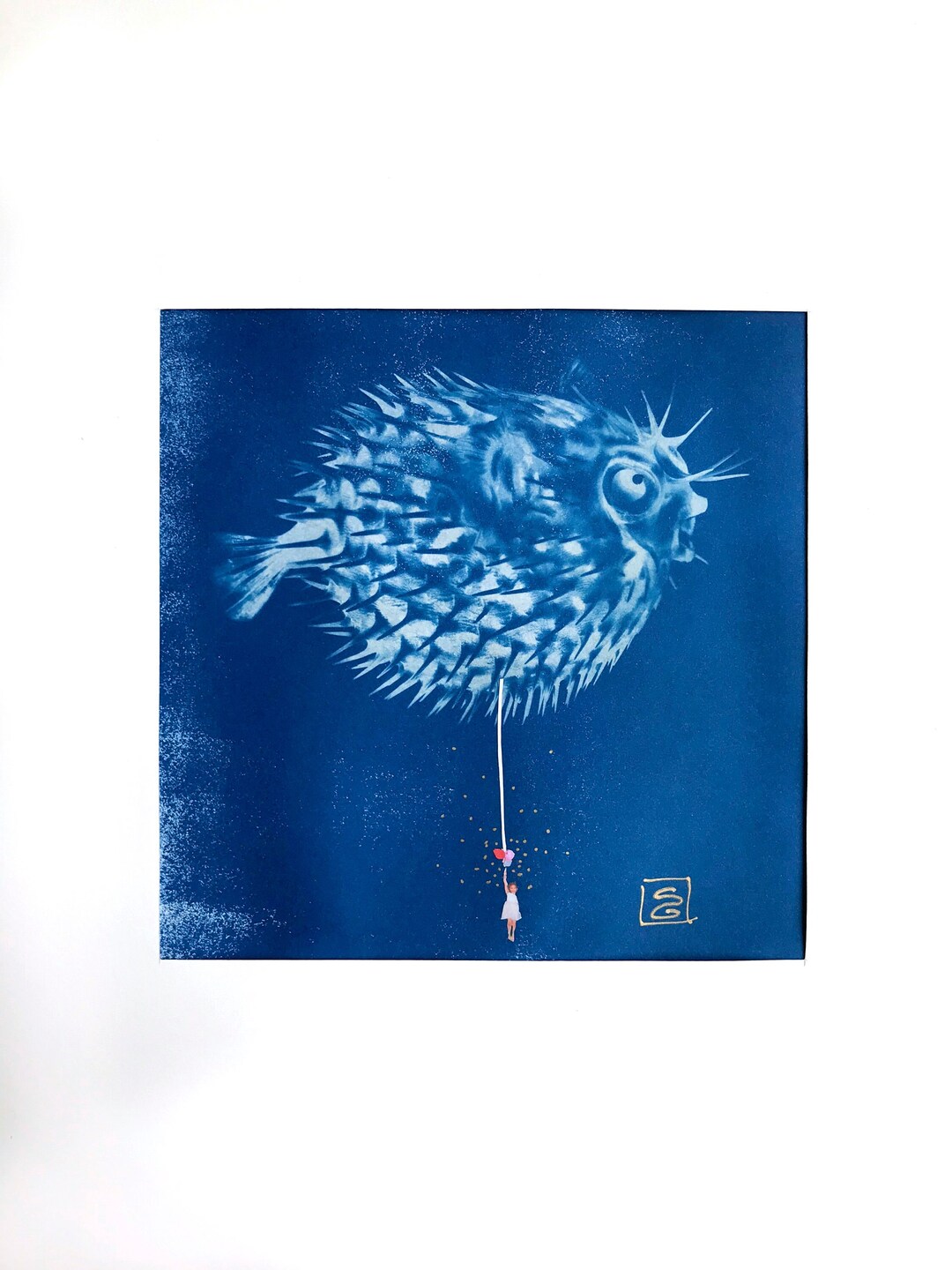 Moonfish Cyanotype With Collage and Gold Painting, Ancient Photographic ...