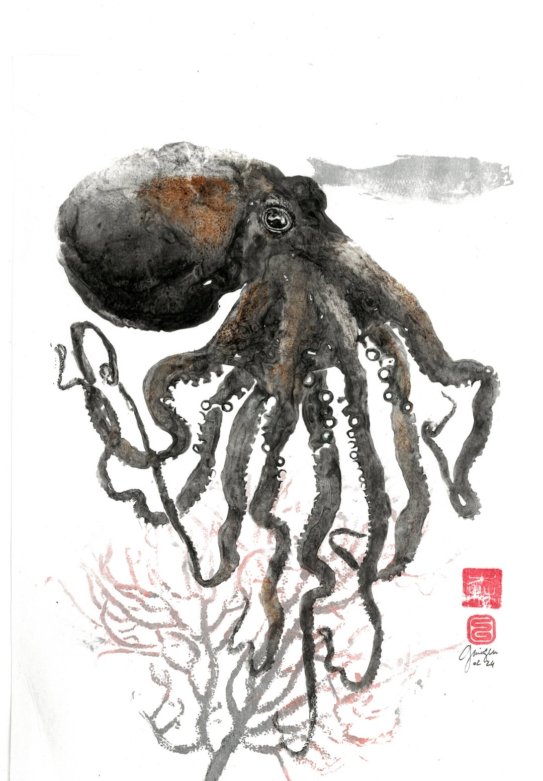 Original Gyotaku of Octopus, Gorgon and Small Fish, on Tracing Paper ...