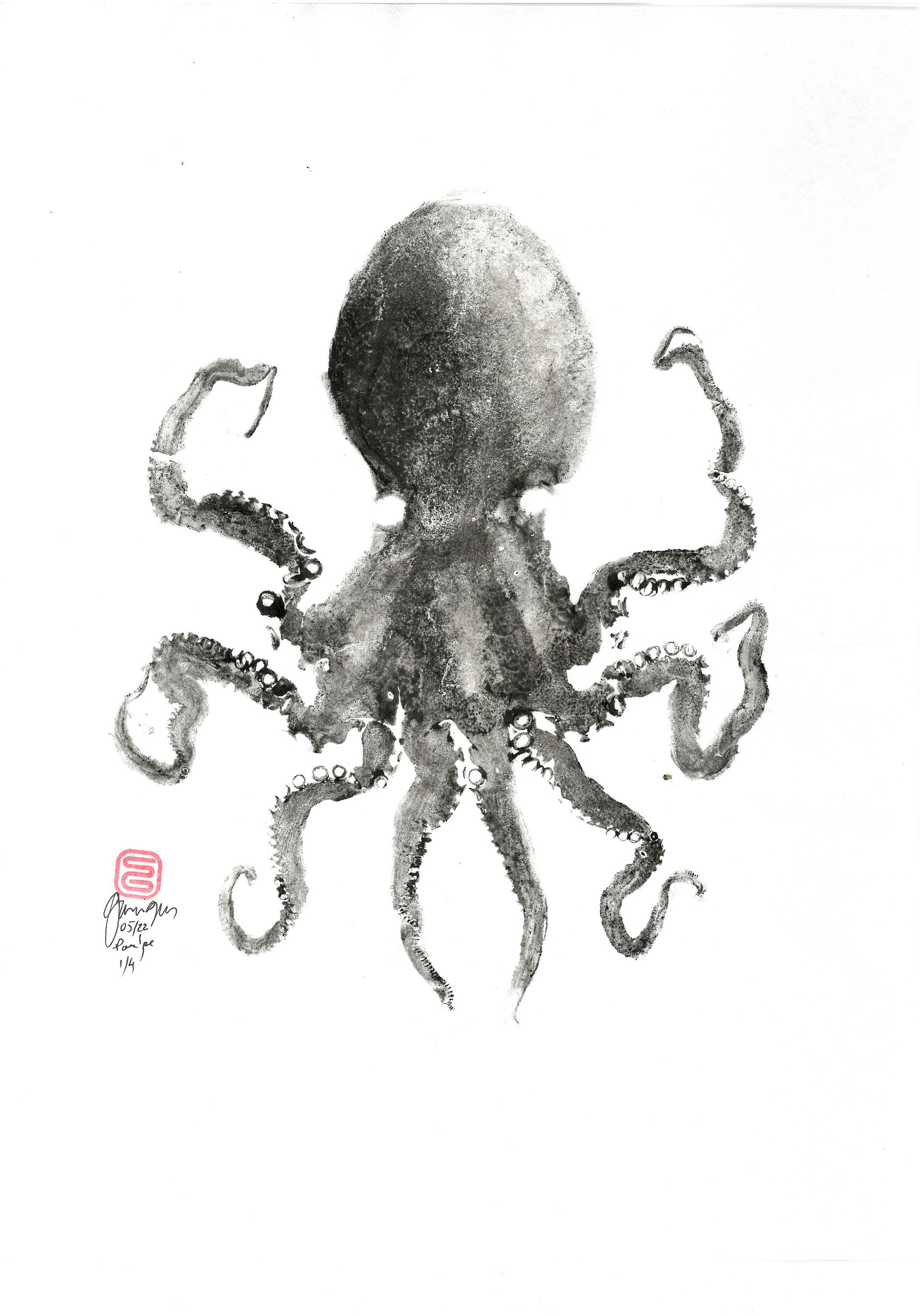 Original Octopus Gyotaku, Indian Ink on Japanese Paper. Traditional ...