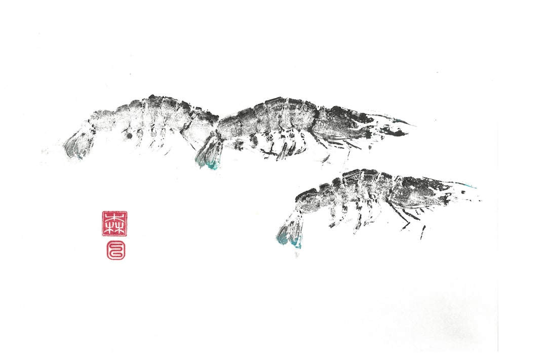 Original Shrimp Prawn Gyotaku, Indian Ink and Blue Ink on Japanese ...