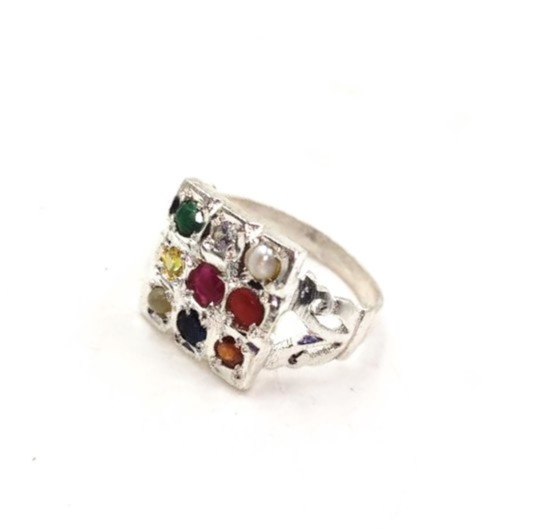 Natural Silver 925 Ring Setting Natural Stone Navratan Ruby Emeralg ...